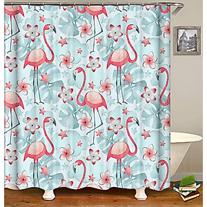 TJZ HOME Flamingo Shower Curtains Fabric, Pink Flamingo, Gray-Blue Palm Leaf Background Decoration Design Polyester Cloth Print Bathroom Curtains Include Hooks Set 72〃w by 72〃L (s2825)