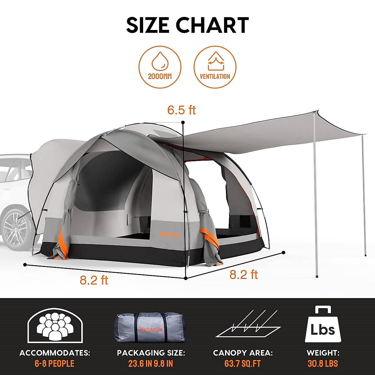 WASAGUN SUV Tent PU 2000mm Waterproof Rain Fly Car Tent for Camping Outdoor Travel Up to 6-8 Person Spacious Room 8.2 ft * 8.2 ft x 6.5 ft, Dusky