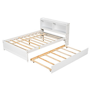 Lifeand Full Wooden Bed with Trundle,Bookcase,White