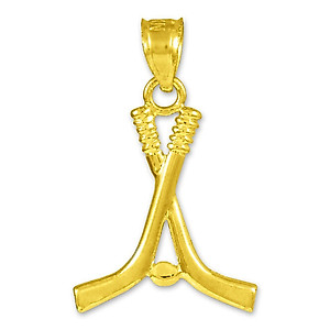 14K Yellow Gold Ice Hockey Sticks and Puck Winter Sports Charm Pendant - Pendant Only