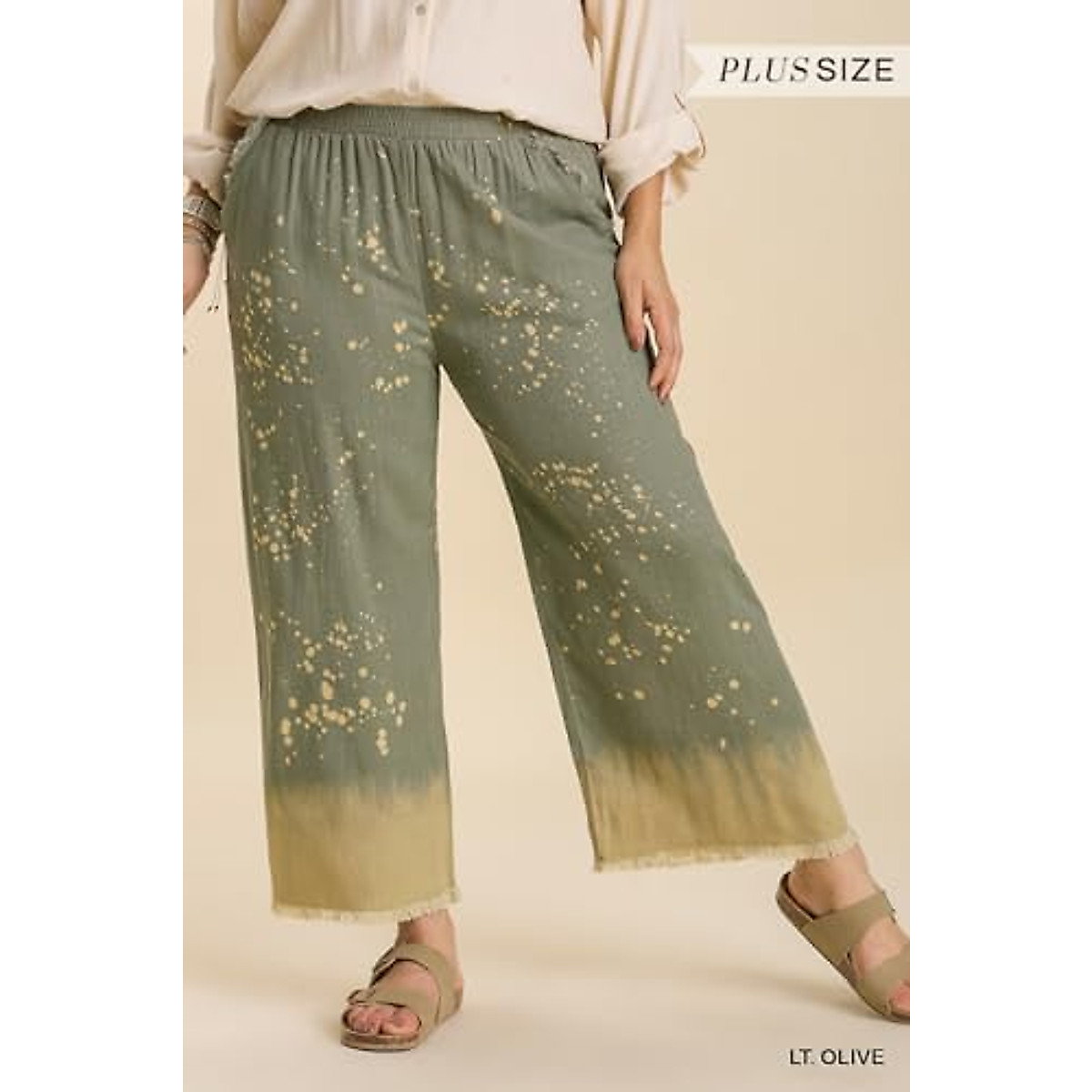 Umgee Linen Blend Bleach Dip Dye Elastic Waistband Wide Leg Pants with Pockets and Frayed Edged Hem