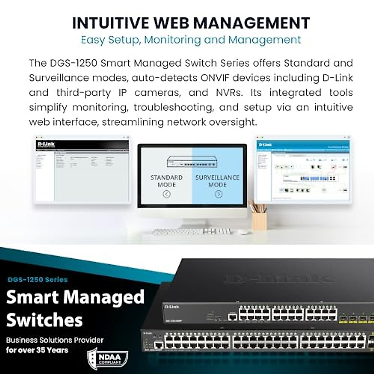 D-Link 28-Port Gigabit Smart Managed PoE+ Switch | 24 PoE+ Ports (370W) + 4 10G SFP+ Ports| L2+/L3 Lite |VLANs |Web Managed |Surveillance Mode | Rackmount | NDAA Compliant (DGS-1250-28XMP-6KV)
