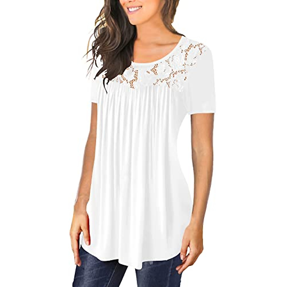 BeadChica Women's Casual Tunic Tops To Wear With Leggings Short Sleeve Flare Summer Loose TShirts Flowy Lace Blouses-White-L