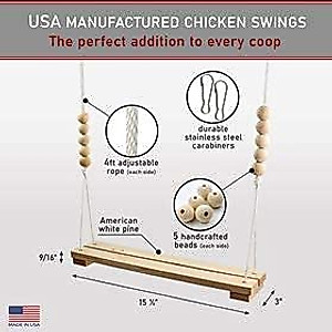 Chicken Swing Toy for Coop Handmade in USA!!! Natural Safe Wooden Accessories Large Durable Perch Ladder for Poultry Run Rooster Hens Chicks Pet Parrots Macaw Entertainment Stress Relief for Birds