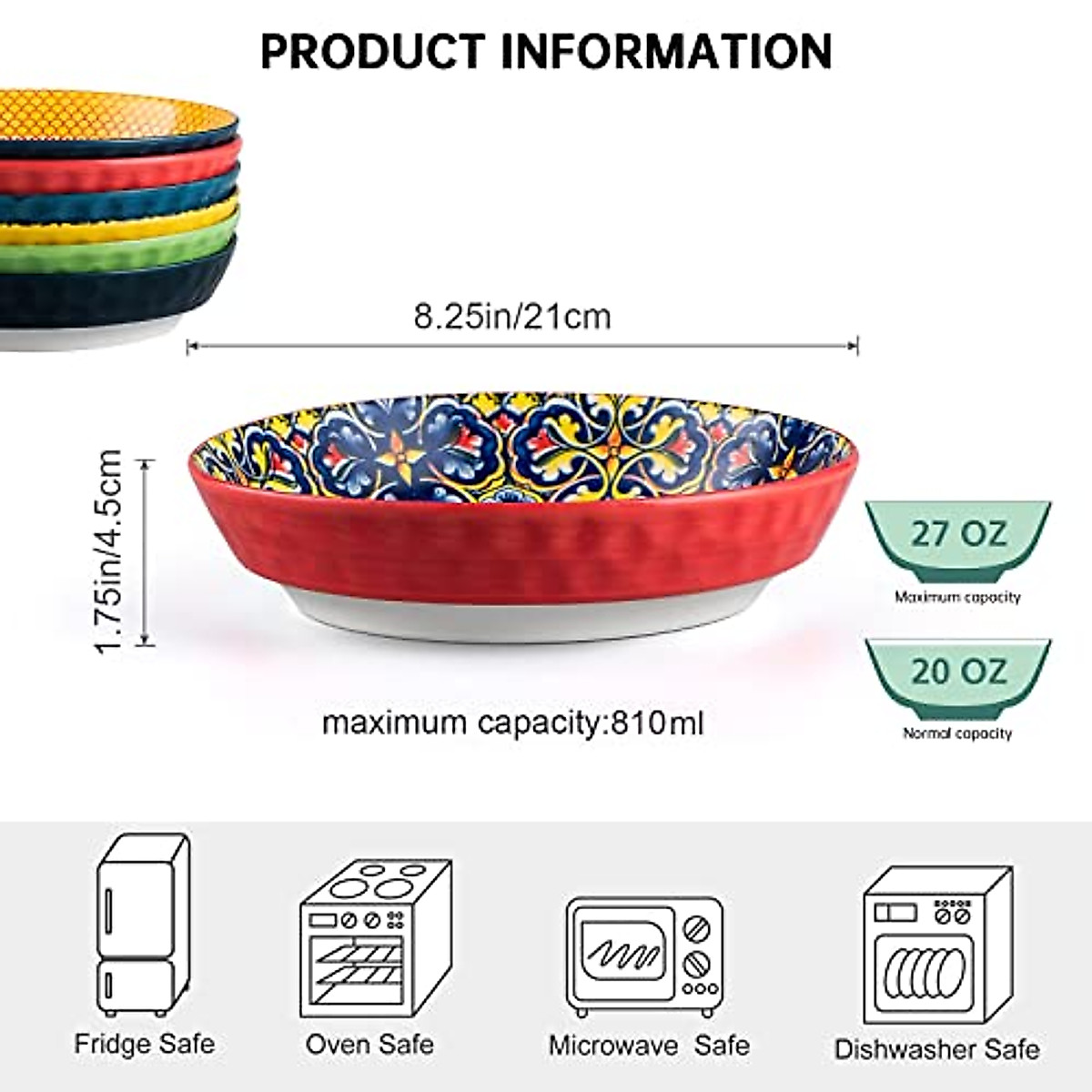 HENXFEN LEAD Pasta Salad Bowls Set of 6, Wide and Shallow Serving Dishes 27 Oz - 8 Inch Porcelain Soup Plates for Dinner, Kitchen and Eating - Bohemian style