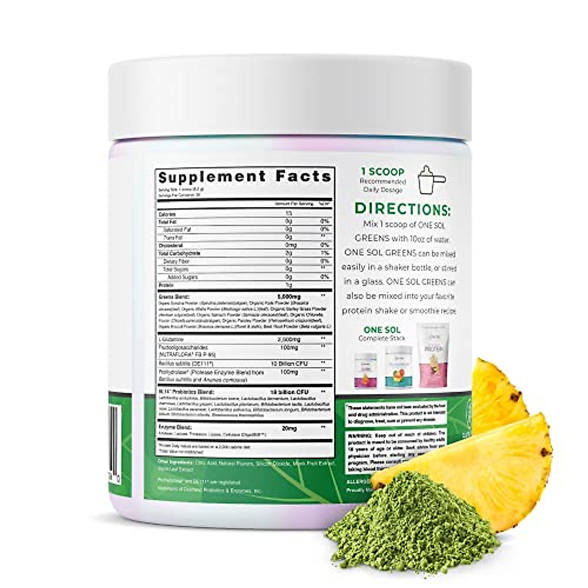 One Sol Greens, Super Greens Powder to Reduce Bloating & Improve Gut Health, Superfood Fresh Bloom Organic Greens Blend Juice & Smoothie Mix, Pre & Probiotic with Digestive Enzymes, Vegan & Soy Free