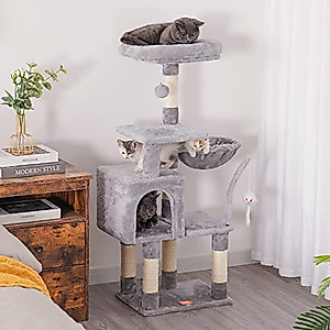 Heybly Cat Tree with Toy, Cat Tower condo for Indoor Cats, Cat House with Padded Plush Perch, Cozy Hammock and Sisal Scratching Posts, Light Gray HCT004SW