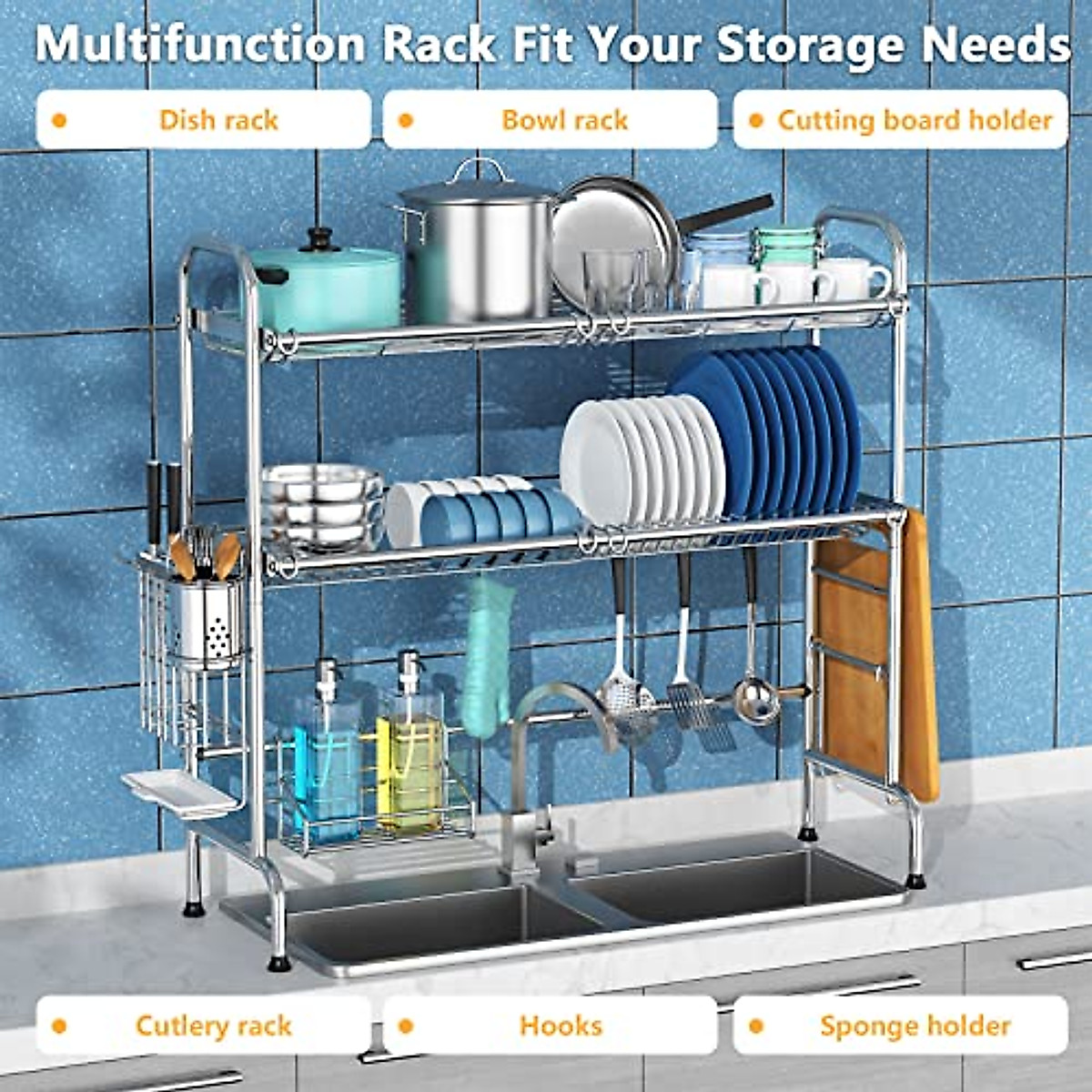 KETAZERO Over The Sink Dish Drying Rack, 2 Tier Stainless Steel Dish Drainer Rack with Cutting Board Holder Help You Save More Counter Space