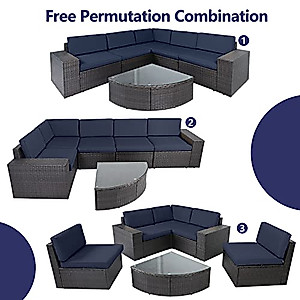 SOLAURA Outdoor Patio Furniture Set 6-Piece Brown Wicker Conversation Sets Modular Sectional Sofa Set with Glass Coffee Table (Navy Blue)