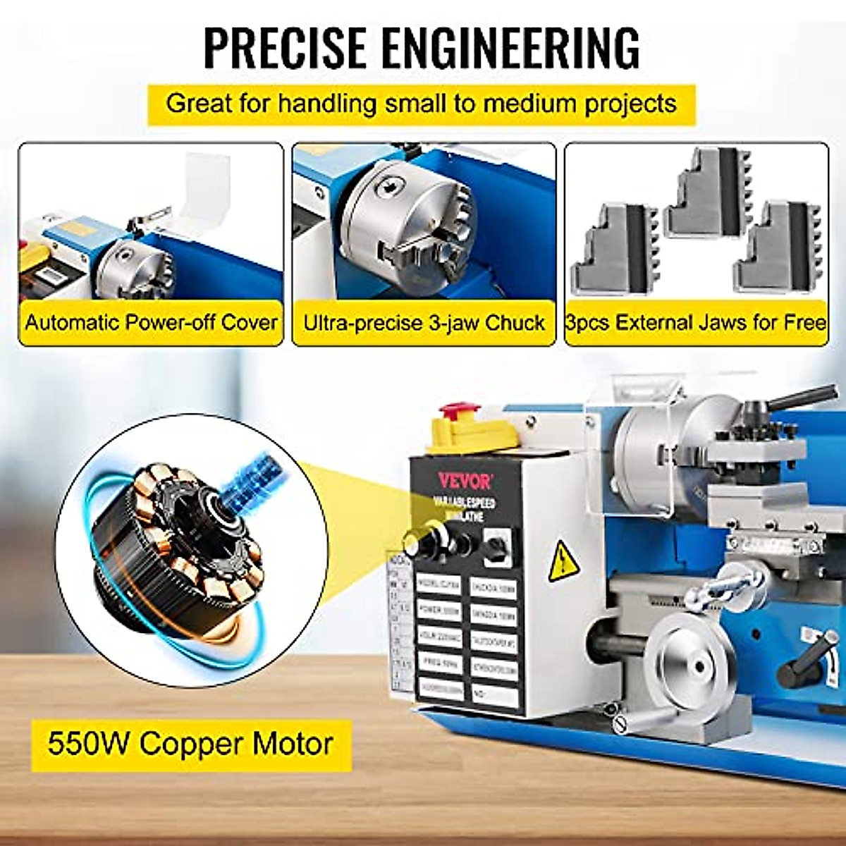 VEVOR Mini Metal Lathe, 7"x14", Benchtop Metal Lathe, 550W Variable Speed 2250 RPM Metal Lathe, with 3-jaw Chuck Mini Lathe Machine, Precision Mini Lathe w/Tool Box Digital Display for Metal Turning