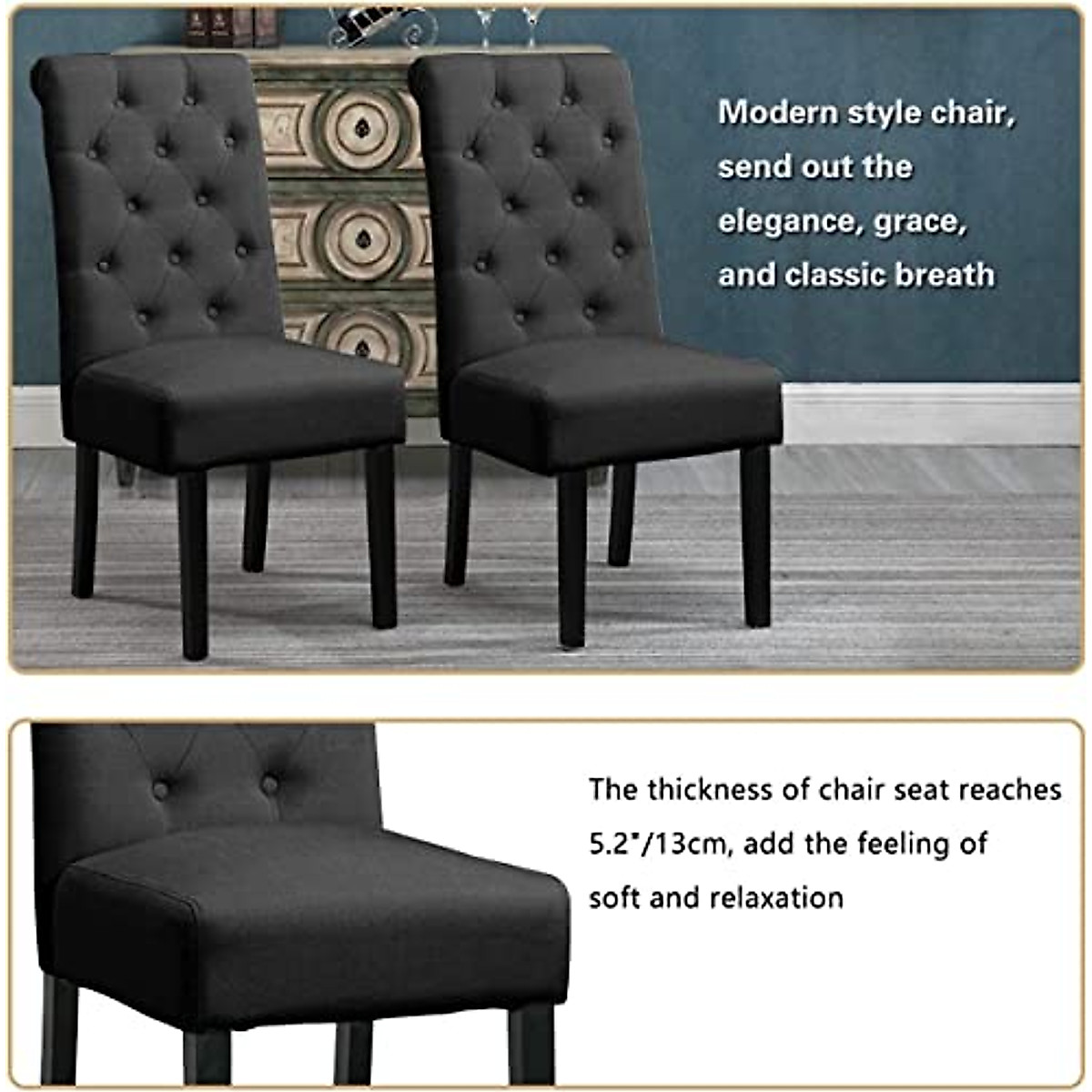 BELIFEGLORY Padding Dining Chair, Set of 2 Wooden Leg High Back Dining Chair Upholstered Fabric Dining Room Chairs Kitchen Chairs