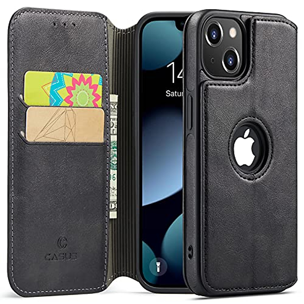 Casus Logo View Compatible with iPhone 13 Wallet Case Slim Magnetic Flip Cover Faux Leather with Card Holder Slot Thin Kickstand (2021) 6.1" (Black)