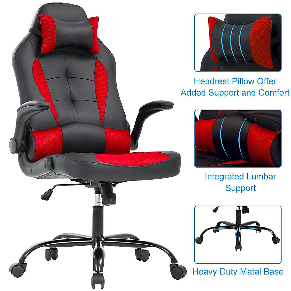 Meet perfect Gaming Chair Ergonomic Office Chair Desk Chair Leather Computer Chair Lumbar Support and Head Pillow Modern Executive Chair Adjustable Rolling Swivel Task Chair Home Office Chair, Red
