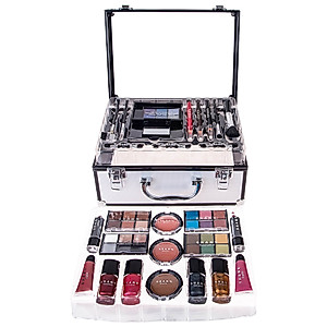 SHANY Carry All Trunk Makeup Train Case with Re-usable Aluminum Makeup Storage Case. Non Toxic Color Make up Set with Eye palettes, Blushes,Makeup Powders, Manicure, Pedicure and Makeup Brushes.