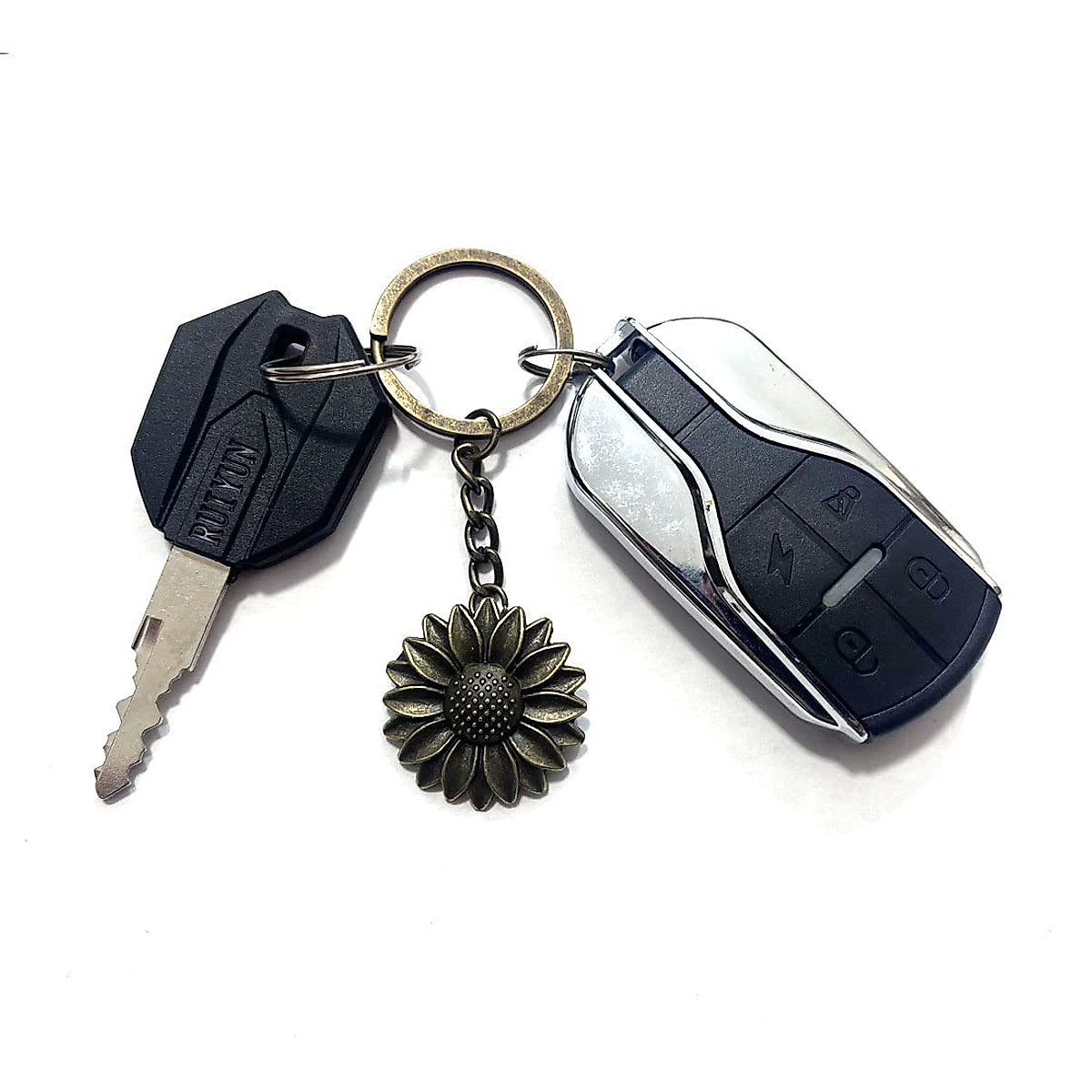 Antique Bronze Colored Sunflower Pendant Key Chain-Bronze Key Ring-Sunflower Keyring Keychain