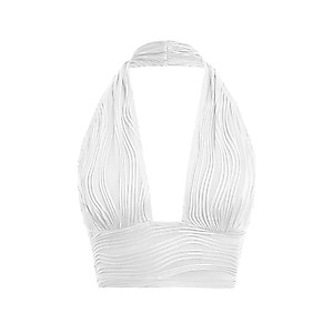 SOFIA'S CHOICE Women's Textured Deep V Neck Halter Tops Sexy Backless Sleeveless Crop Tank Top Cami White Small