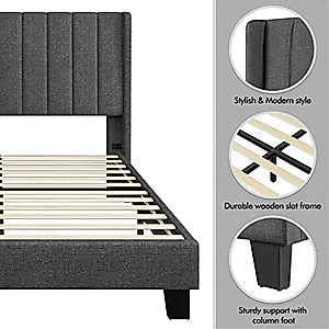 Yaheetech Queen Size Bed Frame, Upholstered Platform Bed with Wing Edge Channel Headboard, Square Tufted Fabric/Mattress Foundation/Wooden Slats Support/No Box Spring Needed/Easy Assembly/Dark Gray