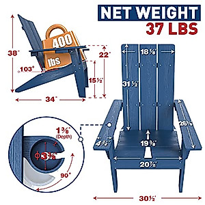 SAKSUN Adirondack Chairs Set of 2 Weather Resistant with Cup Holder,Unfinished, Patio Seating, Patio Chairs Furniture, Lounge Chairs for Outside, Plastic Lawn Chair, Outdoor Chair (2, Navy)