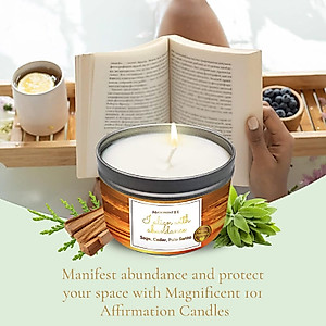 MAGNIFICENT 101 Affirmations Sage, Cedar, Palo Santo, Sprinkle of sage Leaves Smudge Candle for House Energy Cleansing, Banishes Negative Energy - Soy Wax Tin Candle (I Align with Abundance)