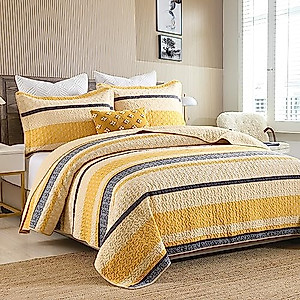 YUMIYUSHI Quilts Queen Size Sets， 100% Cotton Yellow Queen Quilt Set, Farmhouse Lightweight Queen Quilt Bedding Set,Yellow Black 3 Pieces Bed Quilt Sets in All Seasons