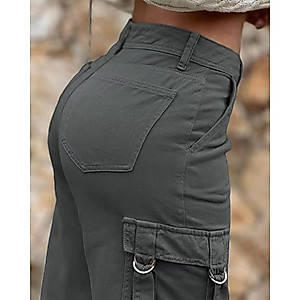 Djeanxa Cargo Pants for Women Straight Wide Leg Y2K Pants Baggy High Waisted Combat Military Hiking Pants with Pockets Dark Gray