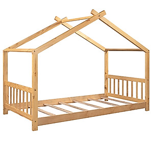 Harper & Bright Designs House Bed for Kids, Wood House Twin Platform Bed with Headboard and Footboard, Toddler House Twin Bed Frame Montessori Crib. No Box Spring Needed (Twin, Natural)