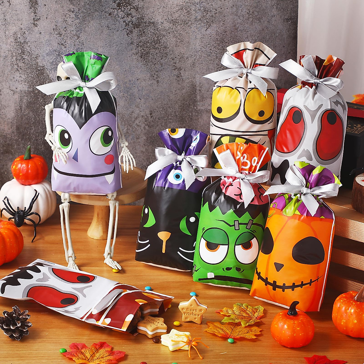 Funrous 48 Pcs Halloween Drawstring Treat Bags Bulk Halloween Plastic Candy Goodie Bags Trick or Treat Party Gift Bags for Kids Birthday Halloween Theme Party Favors Supplies