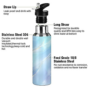 Kigai Blue Gold Marble Stainless Steel Sports Water Bottle BPA-Free Vacuum Insulated Leakproof Wide Mouth Flask with Straw Lid Keeps Liquids Cold or Hot for Gym Travel Camping