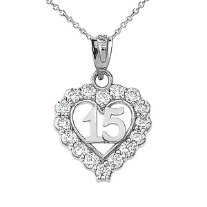 .925 Sterling Silver White Cubic Zirconia Sweet 15 Años Quinceanera Open Heart Pendant Necklace - 16"