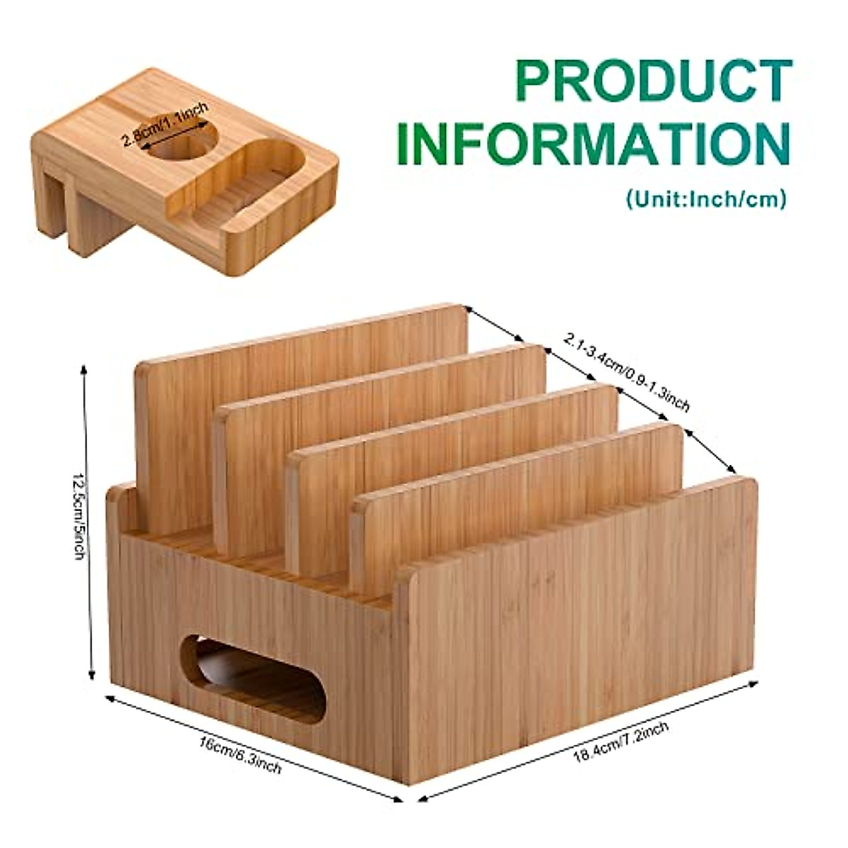 Bamboo Charging Station for Multiple Devices with 5 Port USB Charger, 6 Cables and Smart Watch & Earbuds Stand. Pezin & Hulin Desk Docking Stations Electronic Organizer for Cell Phone, Tablet