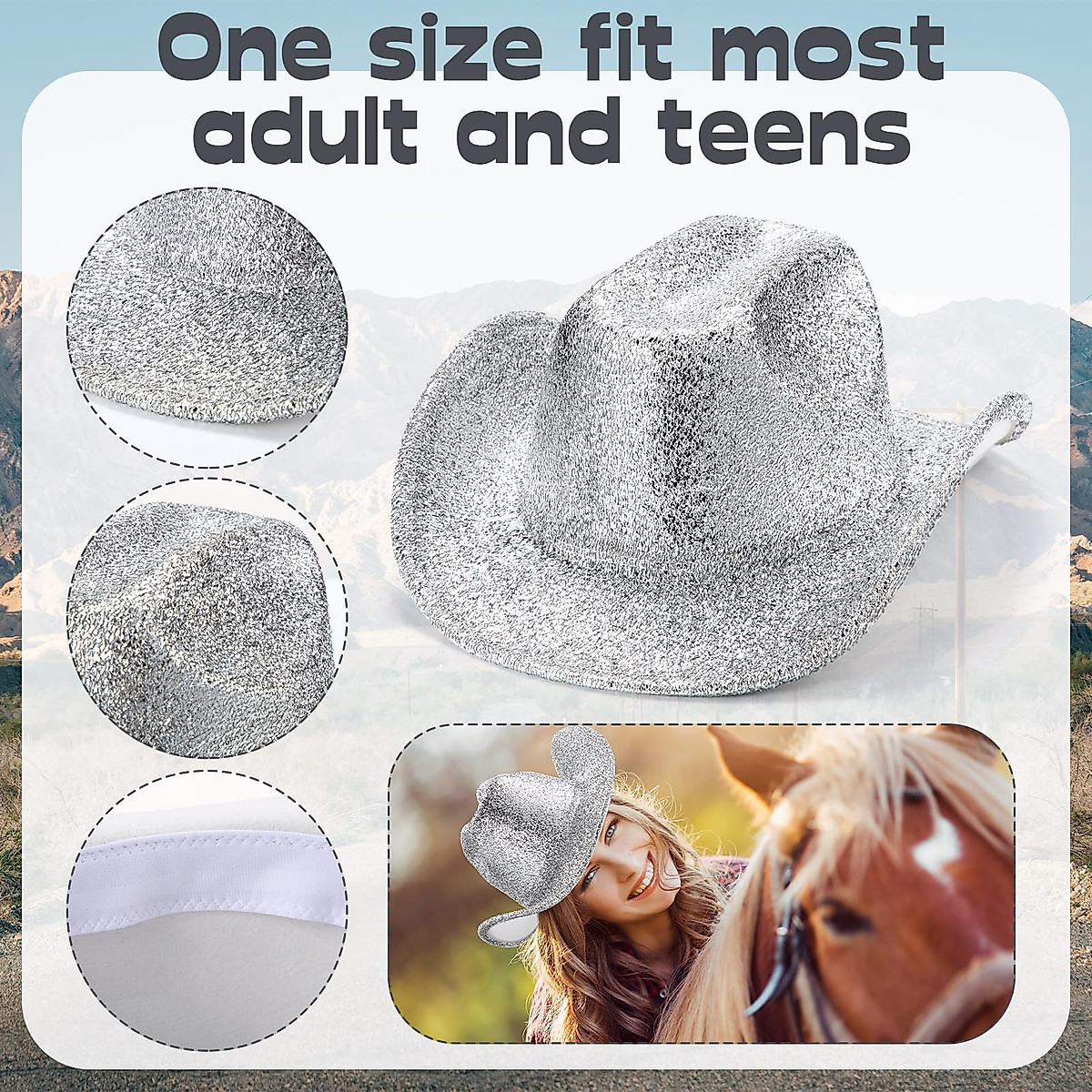 Breathffy 4 Pcs Silver Cowboy Hat Felt Western Cowgirl Hat with Wide Brim Classic Disco Cowboy Hat for Women and Men