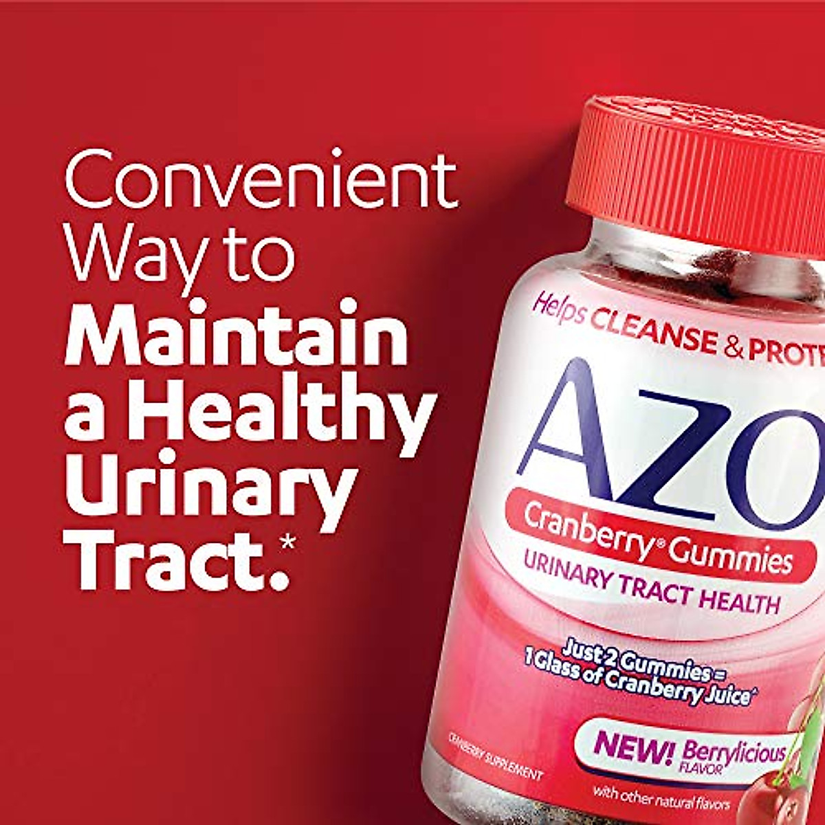 AZO Cranberry Urinary Tract Health Gummies Dietary Supplement 2 Gummies = Glass Cranberry Juice Helps Cleanse Protect Natural Berrylicious Flavor Gummies, Non-GMO, 40 Count