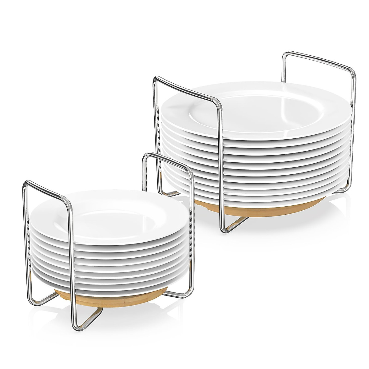 Piconico Plate Holder for Kitchen Drawers - Bamboo Dish Racks for Kitchen Counter 2Pcs Small & Large - Adjust 6.75" to 12.5" Stainless Steel Plate and Bowl Organizer for Cabinet, RV, Countertop