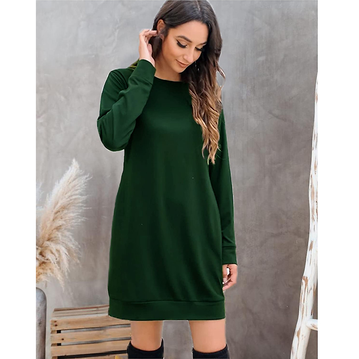 LuckyMore Sweatshirt Dress Women Casual Long Sleeve Tunic Dresses with Pockets Trendy Fall Winter Clothes Dark Green L