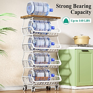 Fruit Basket for Kitchen with Wood Top 5 Tier, SAYZH Stackable Fruit and Vegetable Storage Cart, Wire Storage Basket with Wheels, Vegetable Basket Bins Rack for Onions and Potatoes, White
