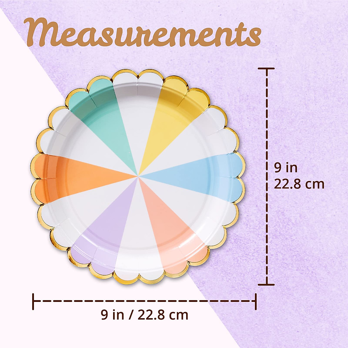 Confettiville Party Paper Plates, 50-Pack, Disposable Paper Plates, Gold Foil Scalloped Edge, Striped Pastel, 9-Inch