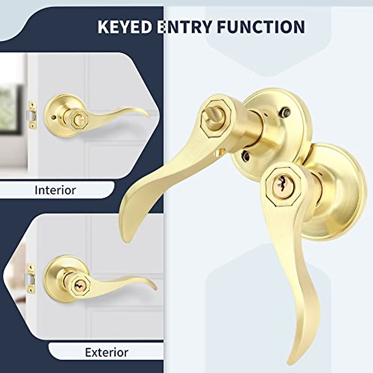 LOQRON Wave Style Door Lever Keyed Entry Door Handle with Lock, Entrance Lever Reversible for Left/Right Handed for Office or Front Door with Satin Brass Finish, 1 Pack