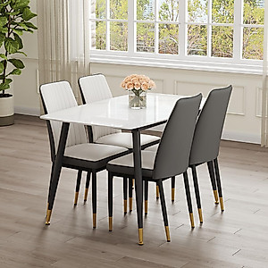 WEKEOT 50" White Modern Sintered Stone Dining Table Set for 4 Faux Marble Dining Table with 4 Upholstered PU Leather Chair Dining Room Table Set(1White Table+4White and Gray Chairs)