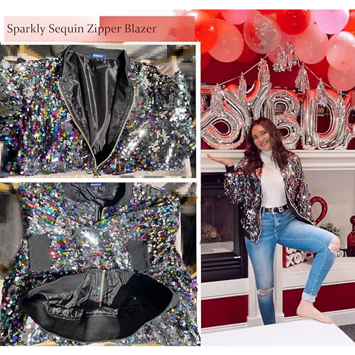 Cresay Women's Sequin Fitted Long Sleeve Zipper Blazer Bomber Jacket Rainbow 3XL