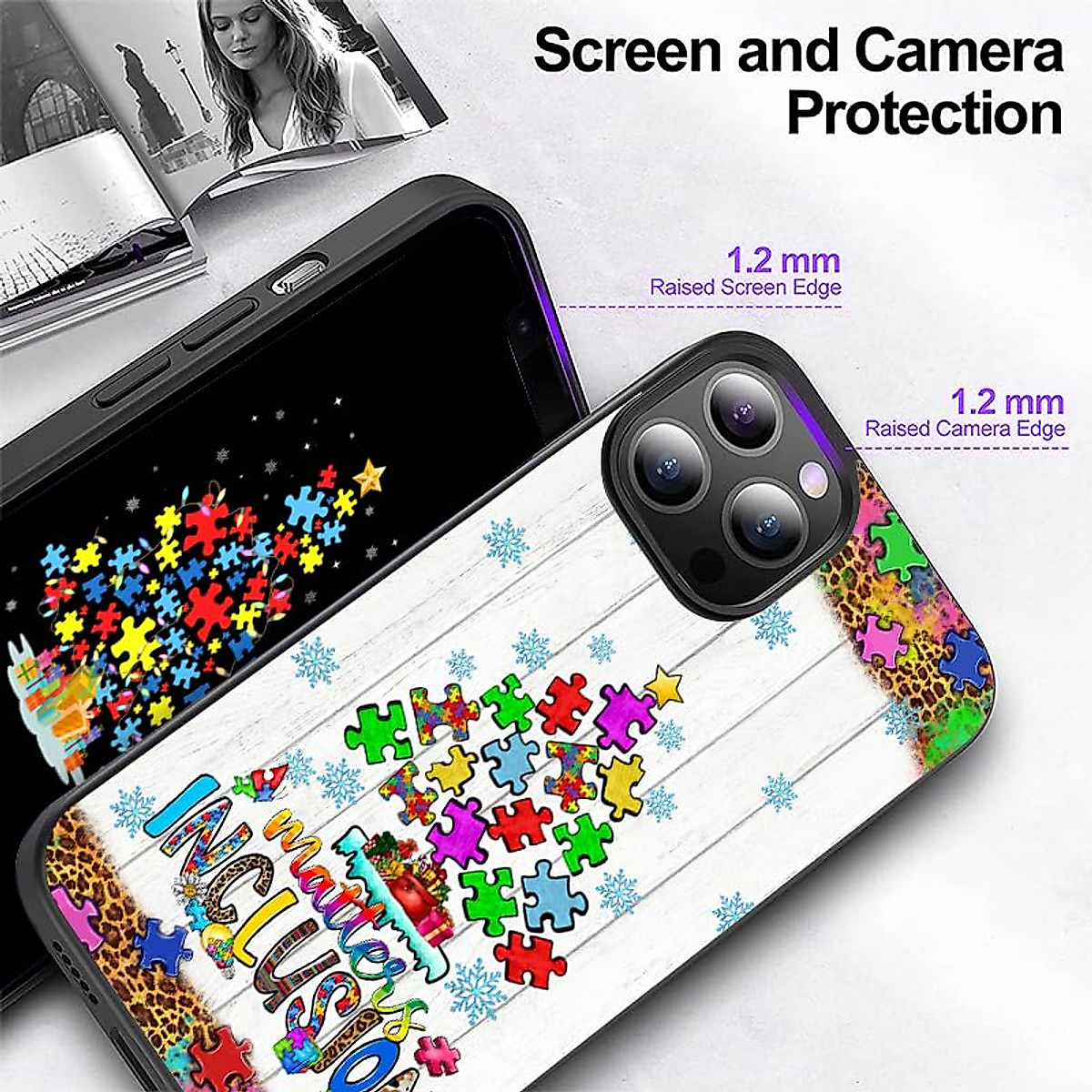 Matters Inclusion Autism Awareness Christmas Tree Phone Case Compatible with iPhone 15 14 13 12 11 Pro Max|Samsung Galaxy S23 S22 S21 S20 FE|A14 A54 A53 A03S A13|Note 20 10|Z FLIP 3/4/5 Black