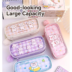 SIORTIO Pencil Pouch Clear 3-Tier Large Capacity Cute Print Animal Easy Clean + 6 Pens & Plush Keychain (Blue)