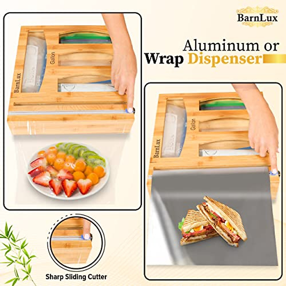 BarnLux 5 in1 Ziplock Bag Storage Organizer & Wrap Dispenser with Cutter - Premium Bamboo Baggie Organizer for Drawer, Anti-Cushion Bottom, Wall Mounted, Varnished Surface, 1 Box,13" x 14.5" x 3.7"