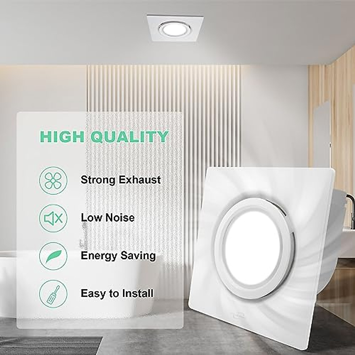 POWERENG Bathroom Exhaust Ventilation with Light,164 CFM 0.7Sones Quiet Ceiling Mount Ventilation Fan,6000K 12W LED,White,110V Vent Fan Ceiling