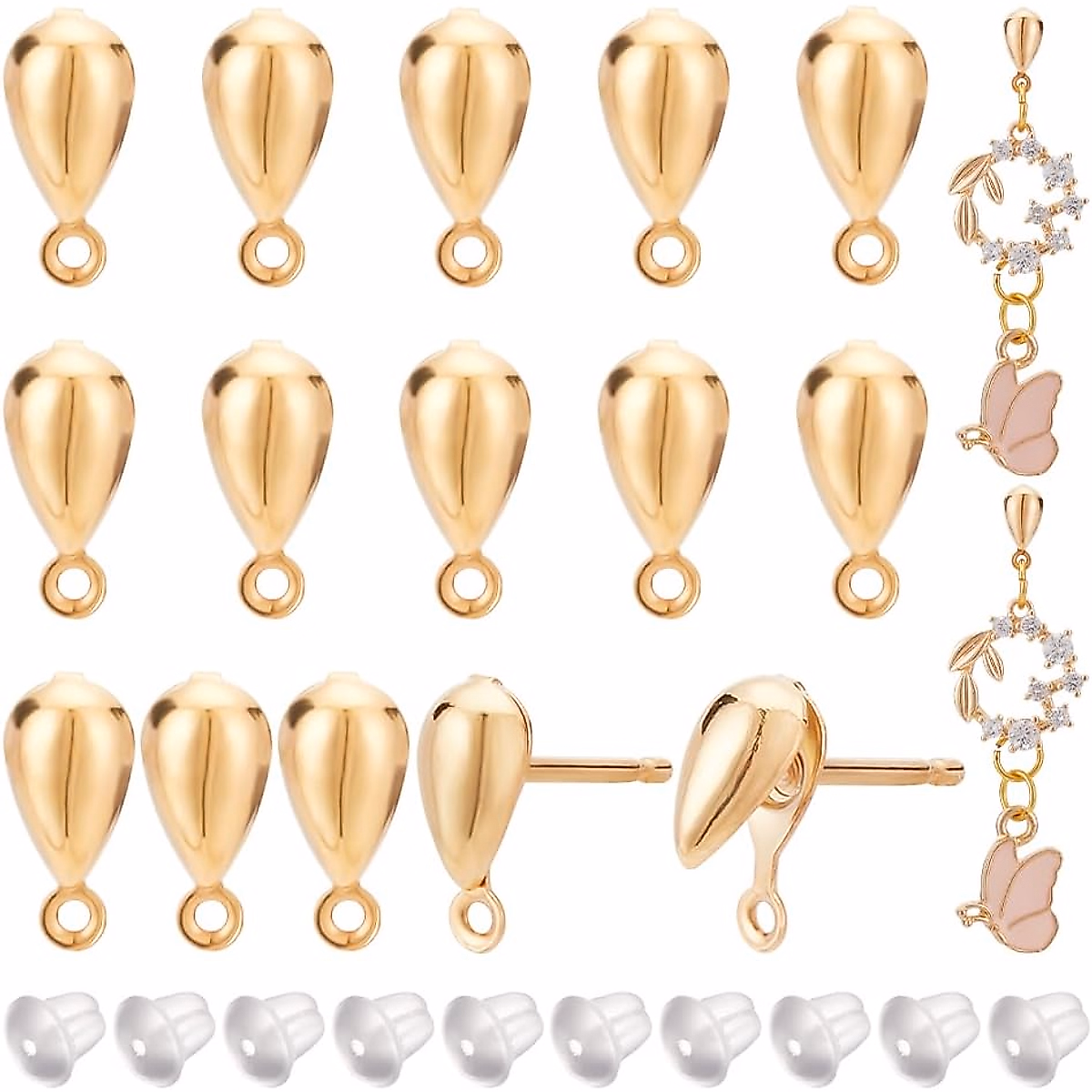 BENECREAT 80pcs 18K Gold Plated Brass Teardrop Earring Studs with 100pcs Plastic Ear Nuts for DIY Jewelry Making, Gold