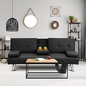 Antetek Futon Sofa Bed, Modern Convertible Upholstered Faux Leather Loveseat Sleeper Sofa Couch w/7 Adjustable Positions, Cup Holder for Living Room, Bedroom, Studio, Office, Black
