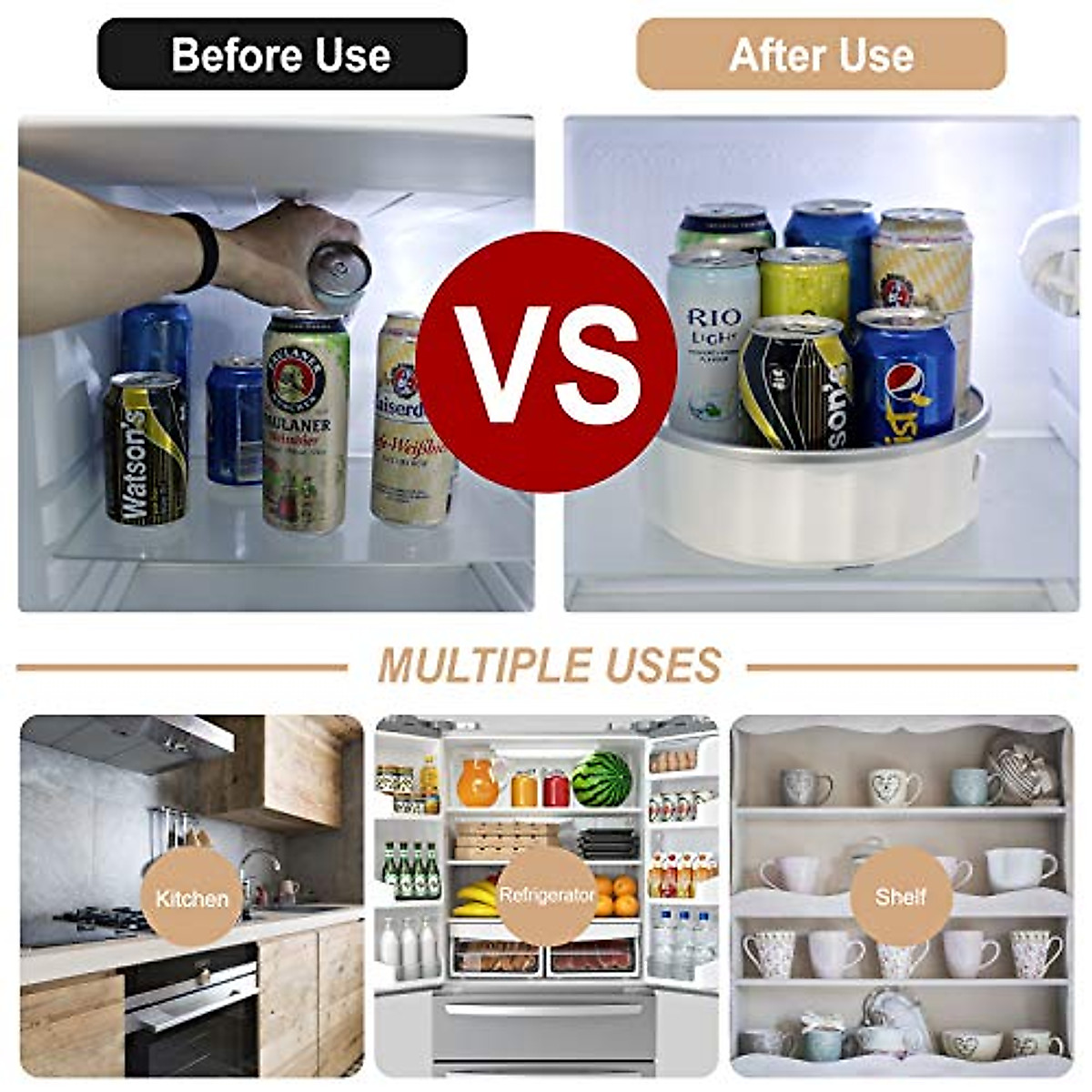 Lazy Susan 2 Pack, Upgraded 360° Turntable Storage Containers Organizer Non-Slip Spice Rack Organizer for Kitchen Cabinet Bathroom Pantry Fridge Cupboard - 12'' and 9''