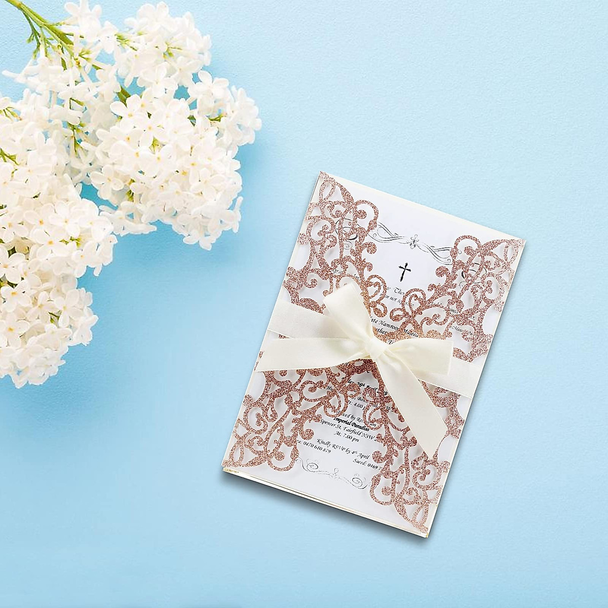 KALOPEZY 50PCS Wedding Invitation,Rose Gold invitations,Gold Powder Floral Laser Cut with Blank Inner Sheet, Envelopes and Ribbons for Party Wedding Engagement Bridal Bridal Shower Invite (Rose Gold)