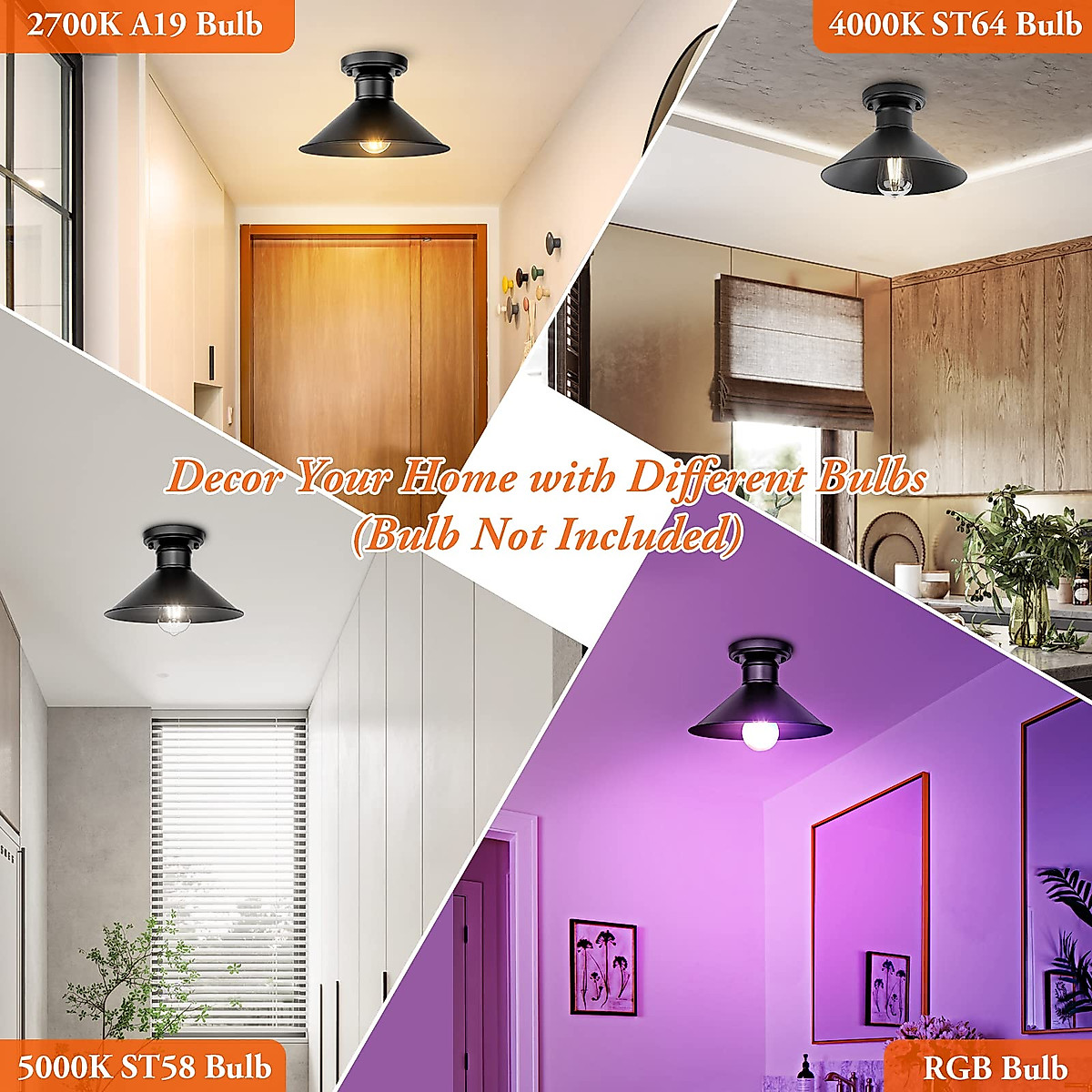 Brightever 2-Pack Industrial Semi Flush Mount Ceiling Lights, Matte Black Farmhouse Light Fixtures, Close to Ceiling Lights for Kitchen, Laundry Room, Entryway, Hallway E26 Base, Bulb not Included