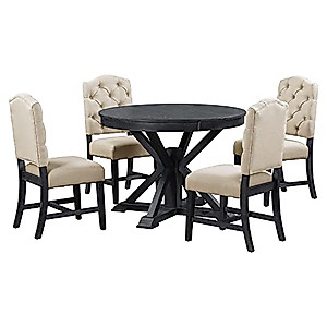 Dinehome 5-Piece Retro Style Wooden Extendable Round Dining Table Set with 4 Upholstered Chairs, Espresso
