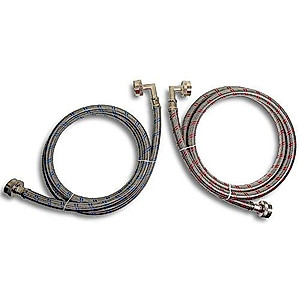 Premium Stainless Steel Washing Machine Hoses with 90 Degree Elbow, 5 Ft Burst Proof (2 Pack) Red and Blue Striped Water Connection Inlet Supply Lines